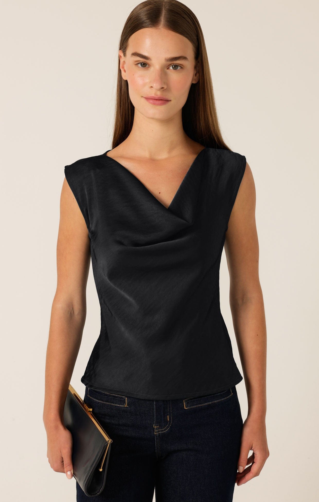 Cowl Bias Women's Satin Top in Black | Cowl Bias Cut Front Top