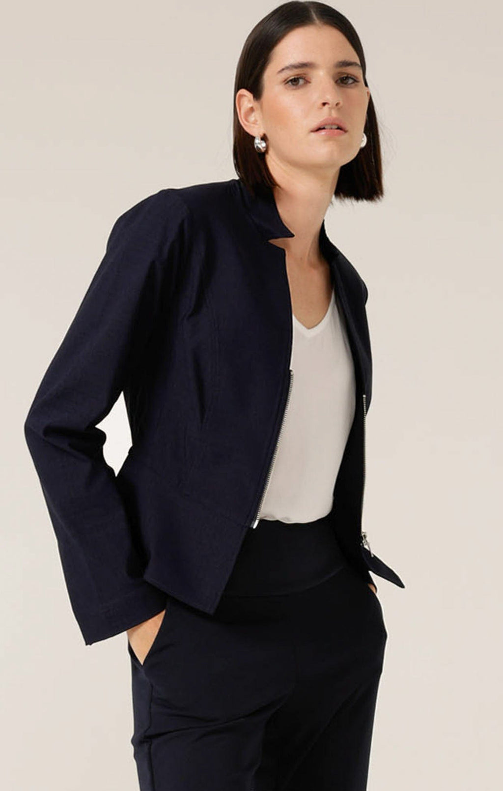 Front Zip Peplum Jacket in Navy – SACHA DRAKE