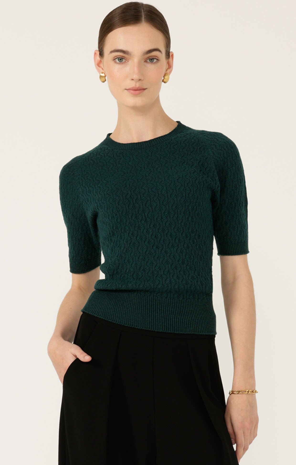 Short Sleeve Grove Knit Stretch Top in Forest | Textured Knit Top