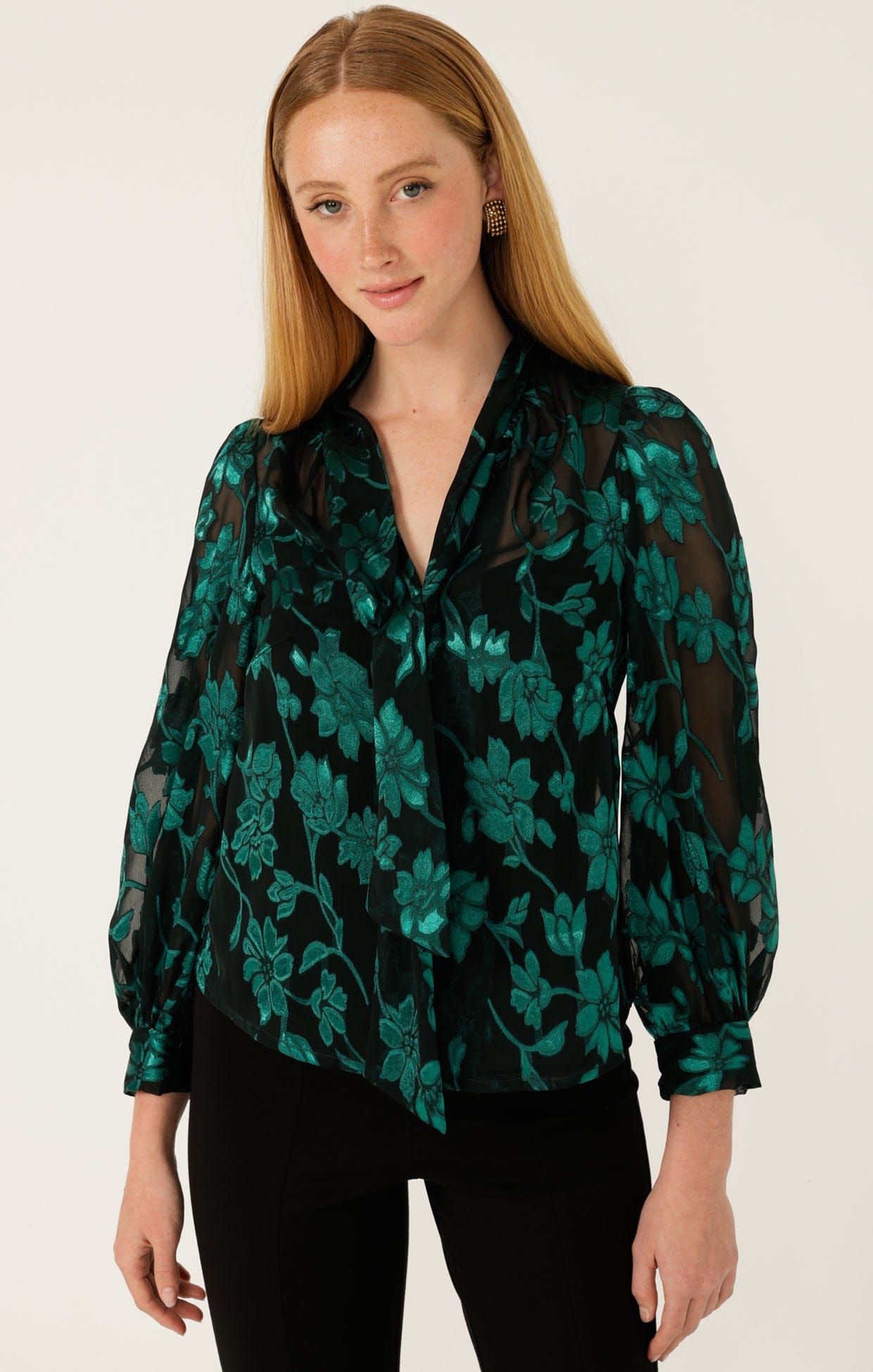 Helena Printed Blouse in Emerald Black | Chiffon Events Top