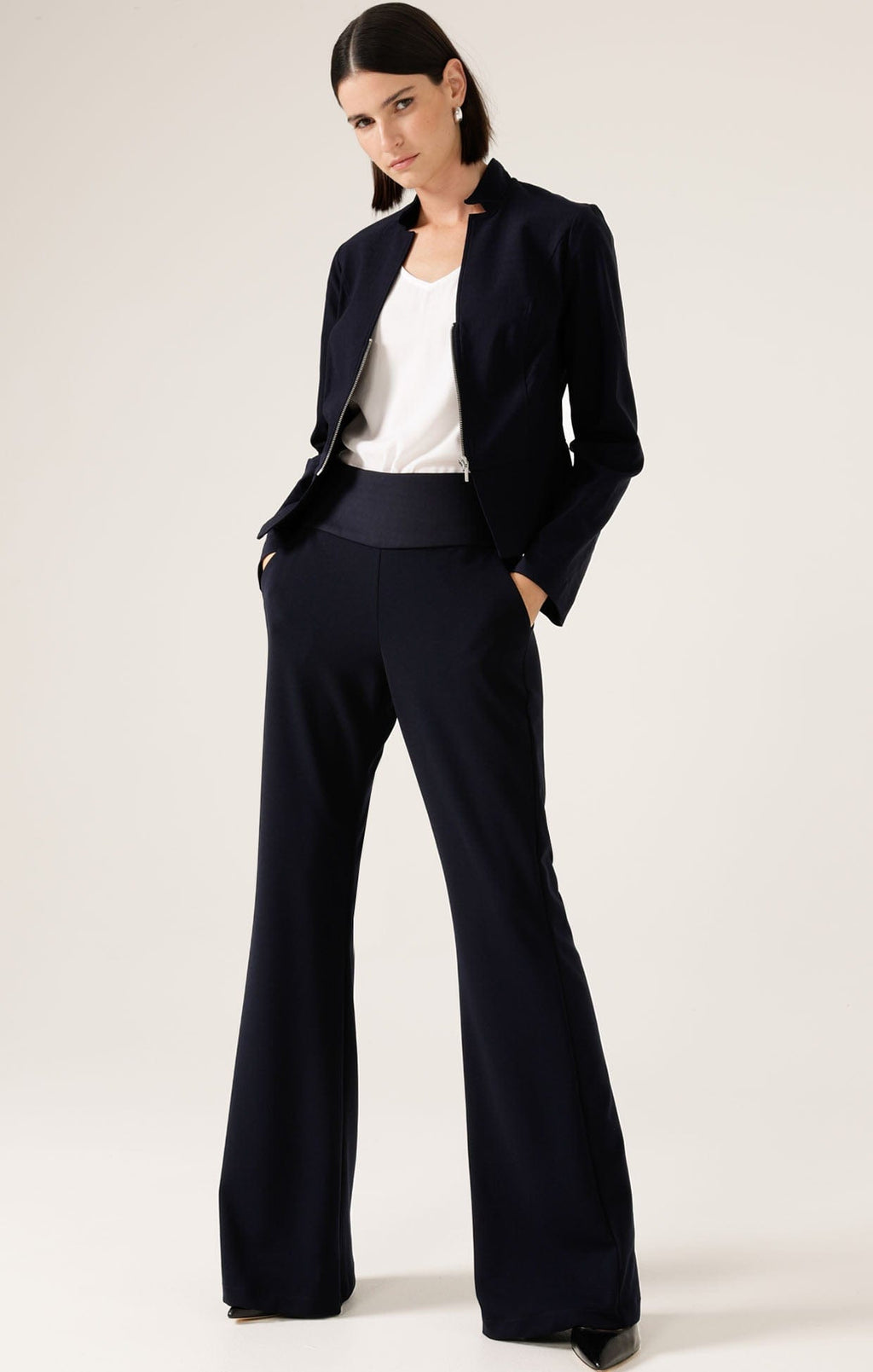 Front Zip Peplum Jacket in Navy – SACHA DRAKE