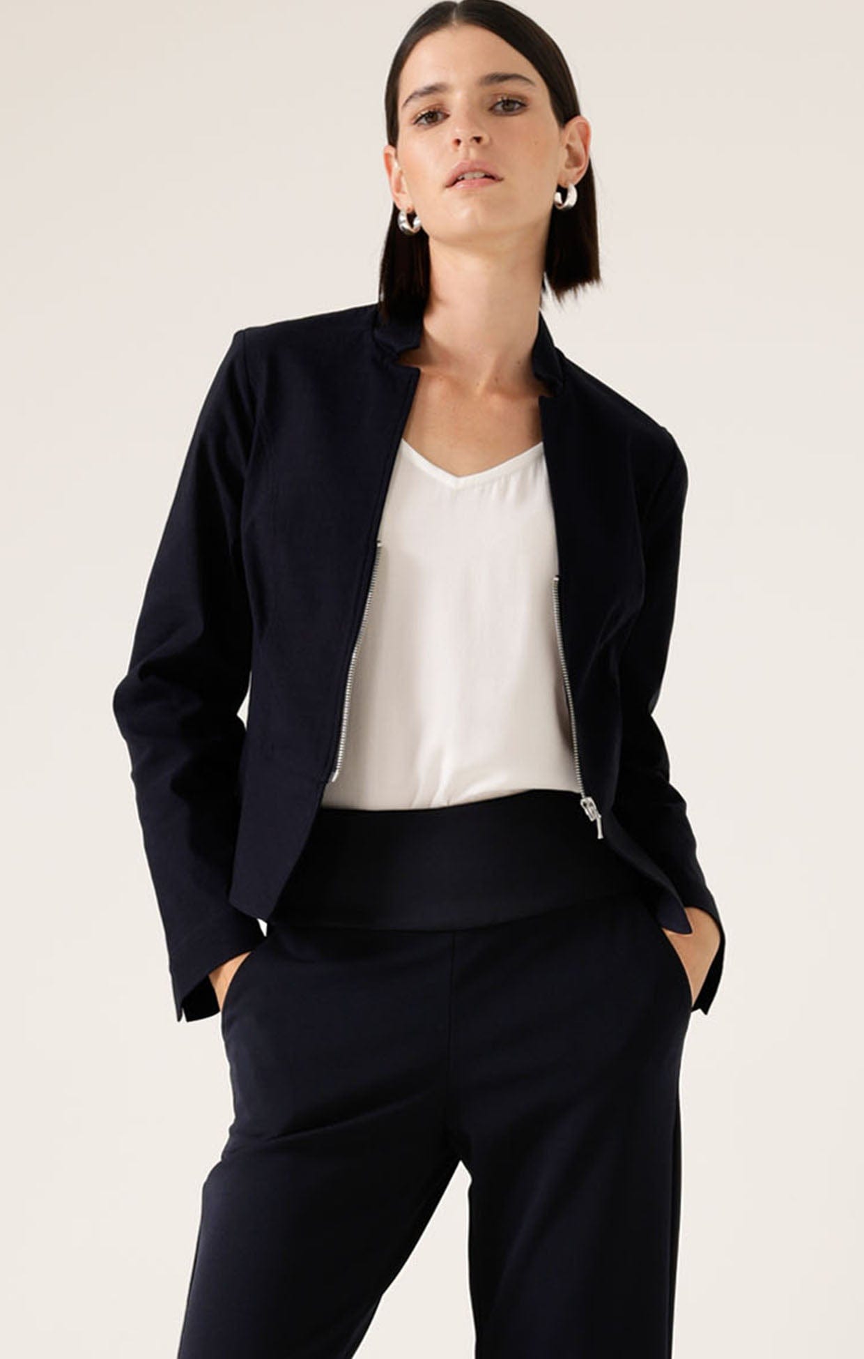 Front Zip Peplum Jacket in Navy – SACHA DRAKE