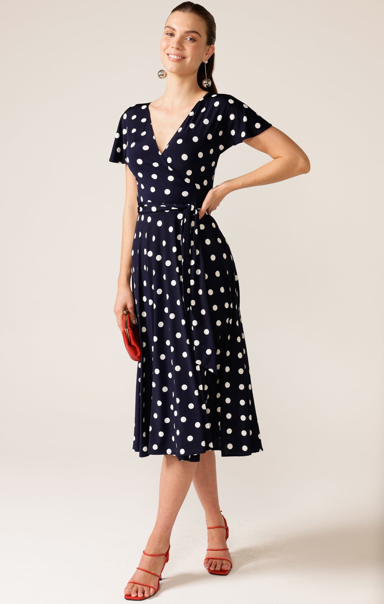 Reverse Wrap Midi Dress in Navy White Spot – SACHA DRAKE